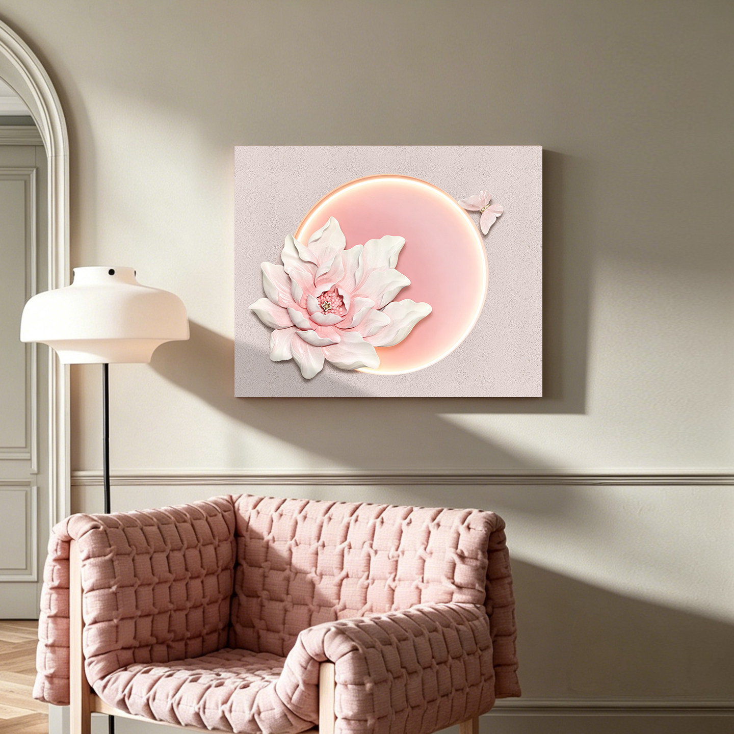 现代简约荷花装饰画客厅卧室挂画粉色花卉立体装饰画电表箱