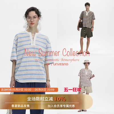 Unvesno(UN)Urban Resort都市度假休闲慵懒风条纹绑带亨利领T恤