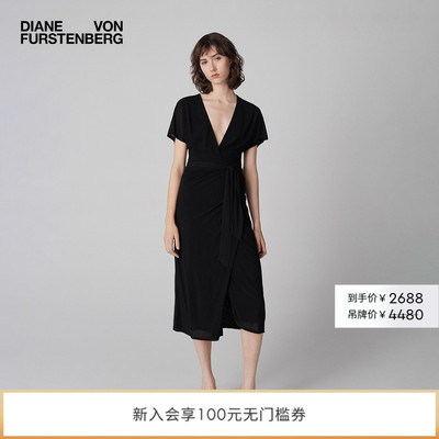 DVF曜石黑荷叶袖裹身裙