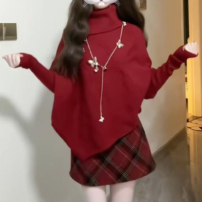 冬季韩系红色毛衣短裙两件套女