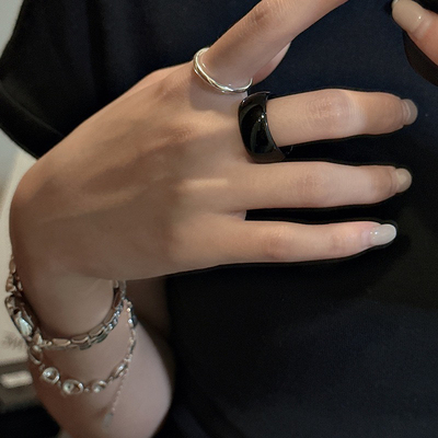 天然黑曜石戒指加宽扳指大码男女时尚高级感素圈指环戒圈