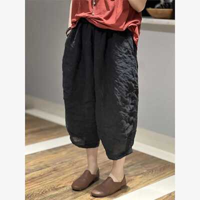 High Waist Cotton Linen Seven-Foot Pants Women Summer Large