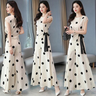 Women's Chiffon Wide Leg Pnts Skirt Suit Polk Dot For W