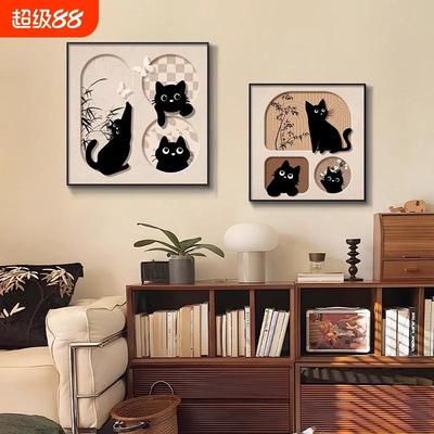 餐厅装饰画桌面猫咪客厅斗柜可爱摆画中古风餐桌壁画卧室挂画墙面