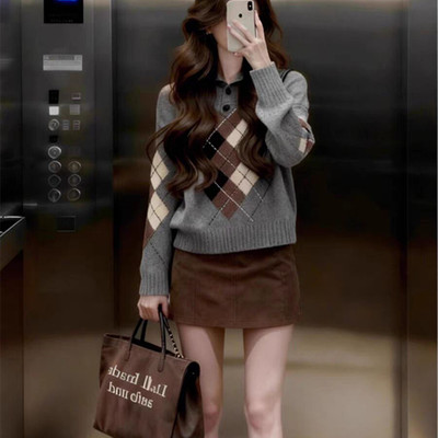 韩系chic慵懒风菱格毛衣短裙套装