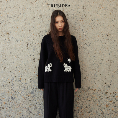 trueidea25新品 百搭文艺26马年小马刺绣全羊毛毛衣