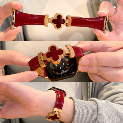 适用iwatch四叶草磁吸扣真皮表带