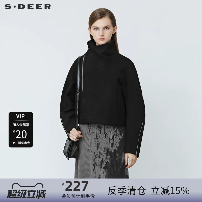 sdeer圣迪奥女装个性立领斜襟拼接毛呢黑色短款外套S21482222