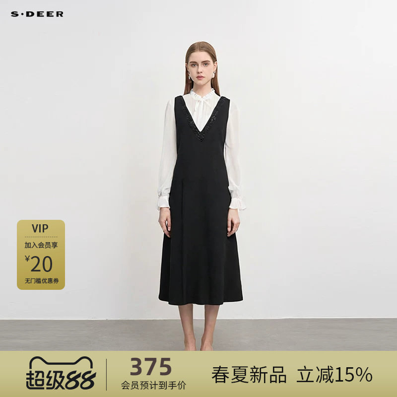 sdeer圣迪奥女装优雅风琴褶网纱衬衫连衣裙套装S243Z1404