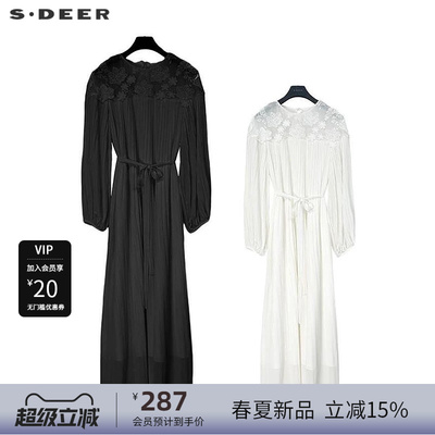 sdeer圣迪奥女装复古圆领绣花收腰肌理连衣裙S243Z1287