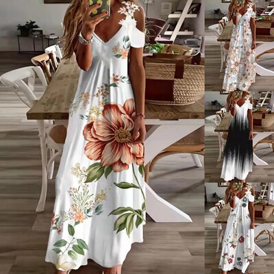 Slim fit floral print low-cut V-neck maxi dress 花朵大摆长裙