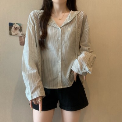 条纹长袖连帽防晒衬衫女薄款夏季大码胖mm显瘦感外搭罩衫上0316r
