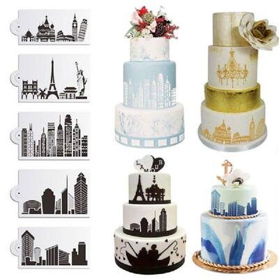 极速5Pcs/Set Bukilding Cake Side Stencils Cupcake Mousse Cak