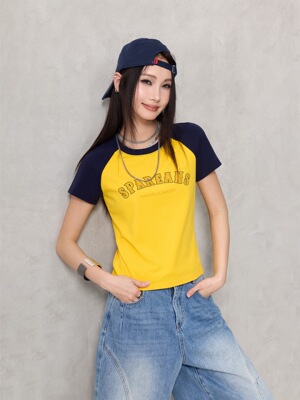 拓谷 美式短袖上衣女夏季新款拼色印花露脐辣妹短款短袖T恤X60302
