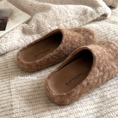 Social pig 毛茸茸！勃肯鞋！秋冬厚底卷毛毛外穿包头懒人拖鞋女