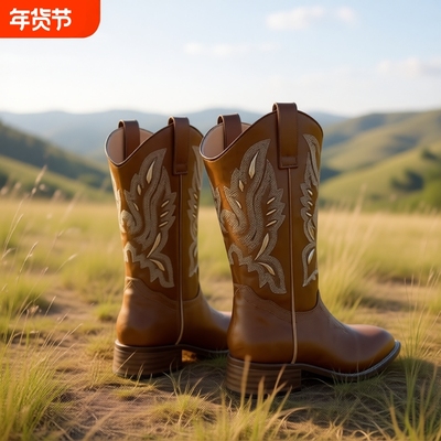 何穗刺绣西部牛仔靴|千人加购