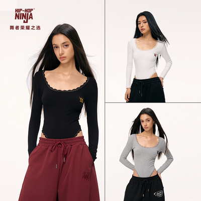 HIPHOP NINJA街舞美式辣妹蕾丝连体上衣爵士舞性感紧身长袖T恤