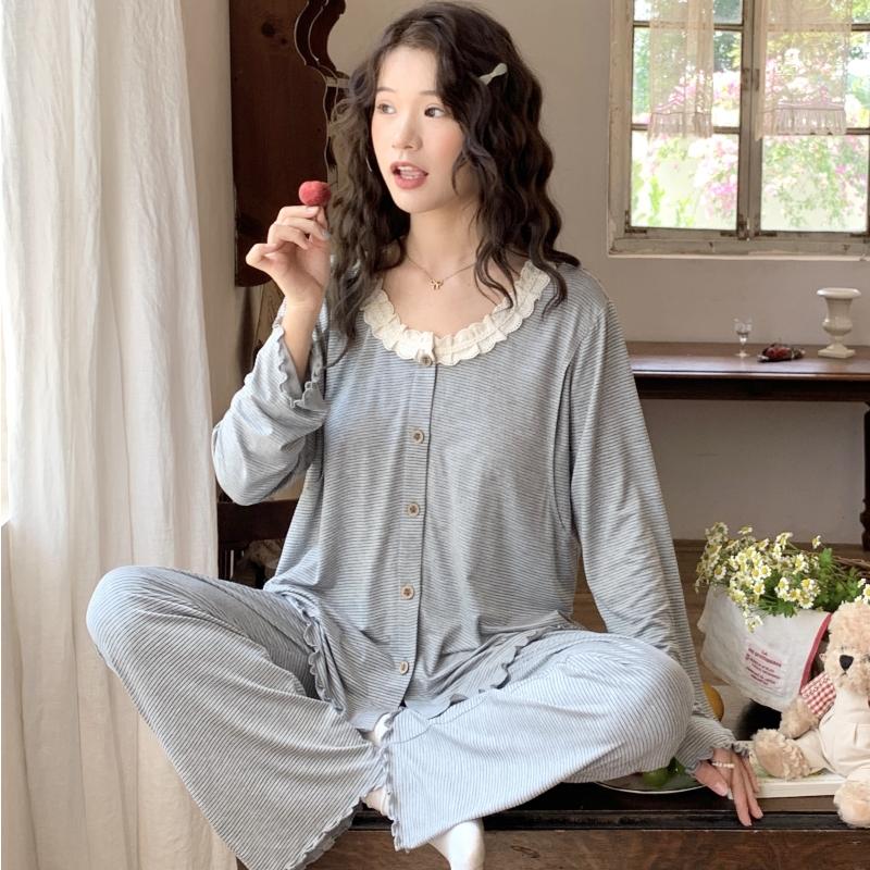 带胸垫月子服春秋产后莫代尔孕妇睡衣夏季薄款待产哺乳家居服套装