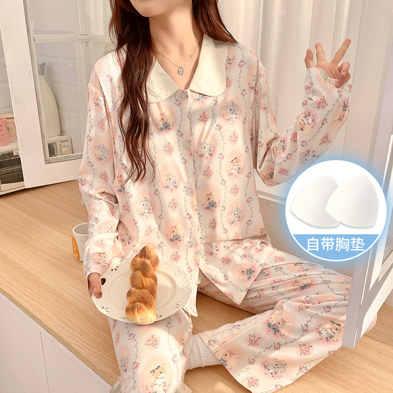 带胸垫产妇睡衣莫代尔月子服产后哺乳喂奶套装孕妇家居服春夏季薄