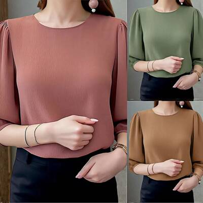 Plain Fitted Bishop Sleeve Keyhole Neckline Blouse Casual