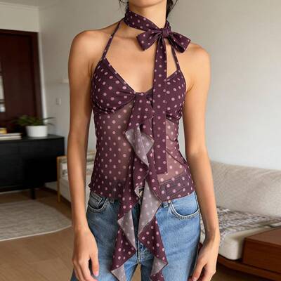 Y2K Polka Dot Sheer Boho Tie Neck Halter Neck Crop Top with
