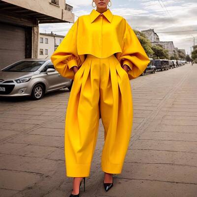 Long Sleeves Loose Buttoned Pleated Solid Color Lapel