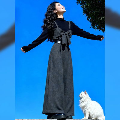 气质慵懒穿搭一整套打底衫上衣女春季阔腿背带裤子小个子两件套装