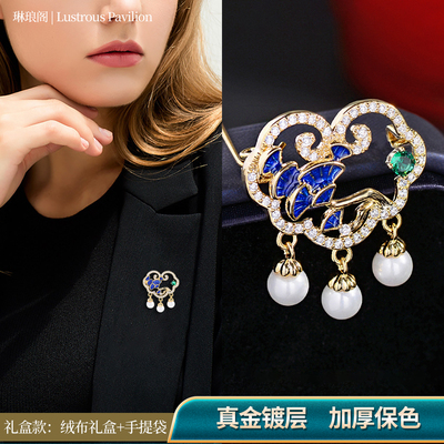 古风祥云松叶珍珠流苏胸针女真金镀层高级感小众设计别针胸花配饰