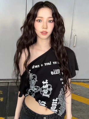 柳智敏同款ILLIO露肩印花短袖T恤