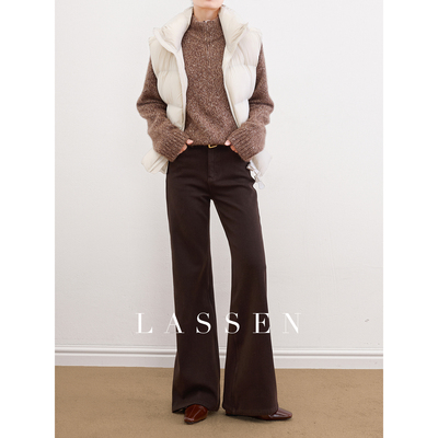 LASSEN「时髦腿精」棕色加绒微喇牛仔裤女秋冬修身直筒拖地喇叭裤