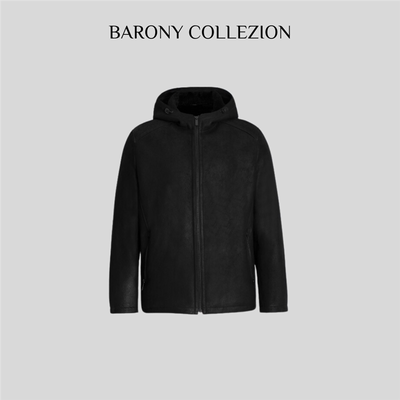 ‘BARONY‘【97005】男士真皮冬季皮毛一体外套黑色时尚高档短款