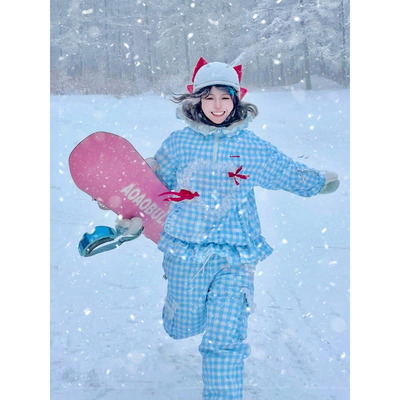 临典蓝色格子滑雪服套装女2026冬