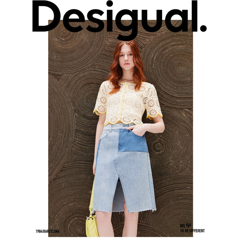 Desigual 牛仔直筒拼接女士半身裙