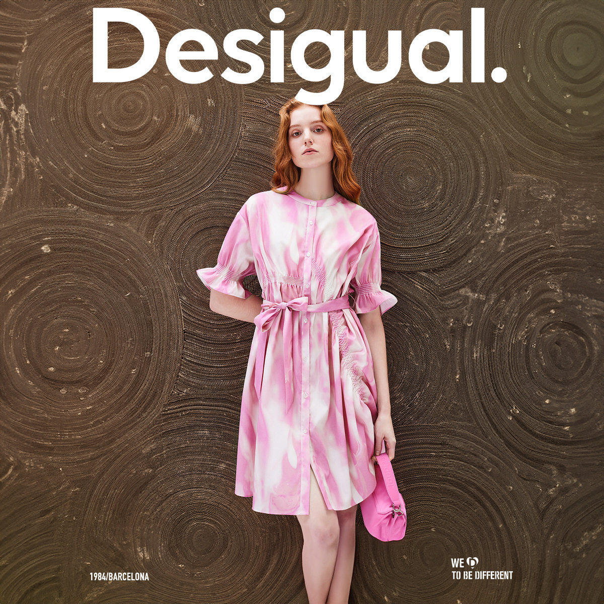 Desigual 丁达尔风廓形不对称印花收腰系带连衣裙长裙