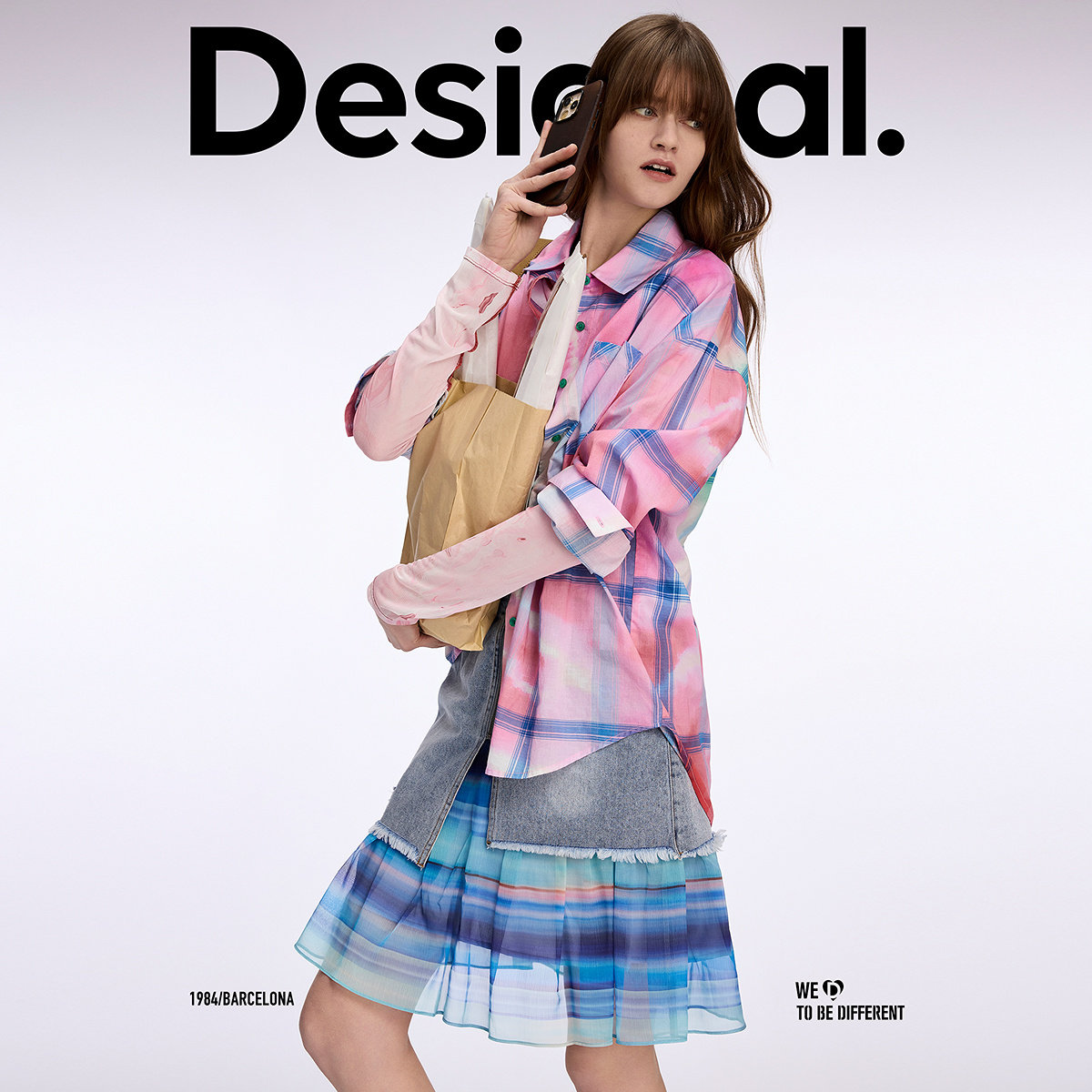Desigual【明星同款】廓形格纹仿扎染印花翻领前袋LOGO刺绣衬衫