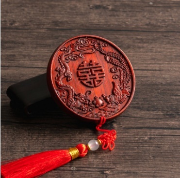 檀木镜子龙凤结婚婚庆嫁妆古风小木镜子流苏檀木精雕小镜子随身镜