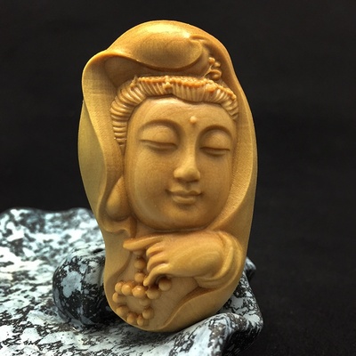 乐清黄杨木雕精雕观音菩萨头挂件木质工艺品文玩手把件汽车挂件