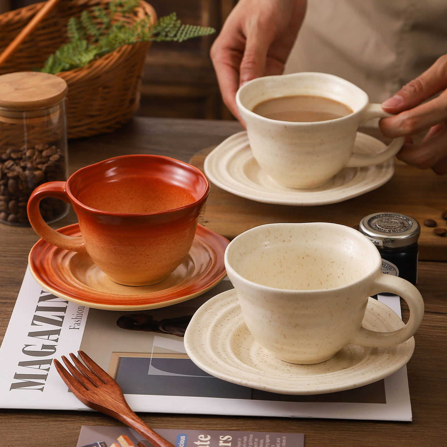 复古窑变釉下彩陶瓷咖啡杯碟拿铁拉花杯办公下午茶杯中古杯马克杯