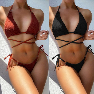 Triangle bikini swimsuit欧美纯色比基尼女士分体三角泳衣游泳服