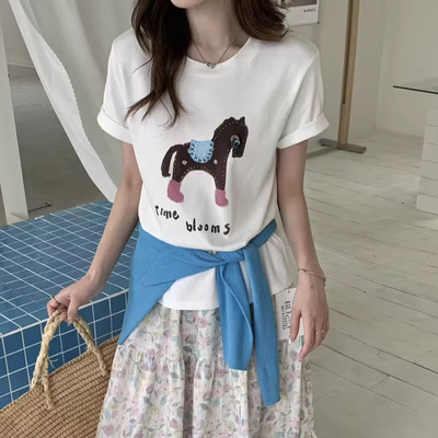苏珊 韩版卡通小马印花2026春季新款宽松圆领短袖T恤上衣女3066S