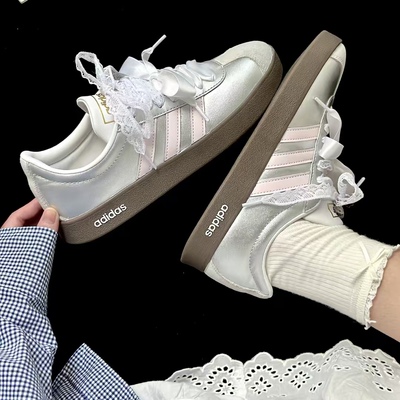 【定制球鞋】adidas neo VL Court 2.0 银白色蕾丝涂鸦百搭女板鞋