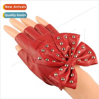 pu fashion rivets half finger ladies permance dance big bow