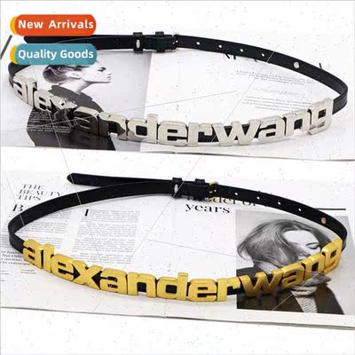 New aw metal letters leather belt cowhide thin belt versatil