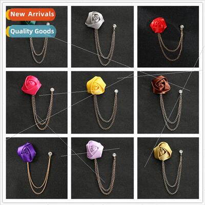 Rose bud flower men chain brooch festive red flowers long ch