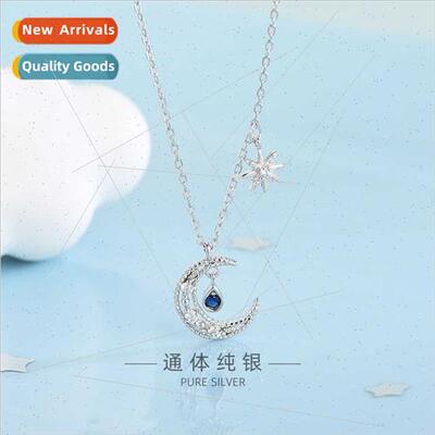 s925 silver Koreawater drop blue diamond moon necklace hollo