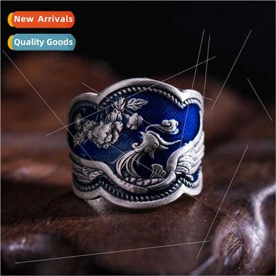 Burnt blue craft peony flower phoenix ethnic open ring femal