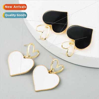 Korea double love heart earrings heart-shaped oil drop hollo