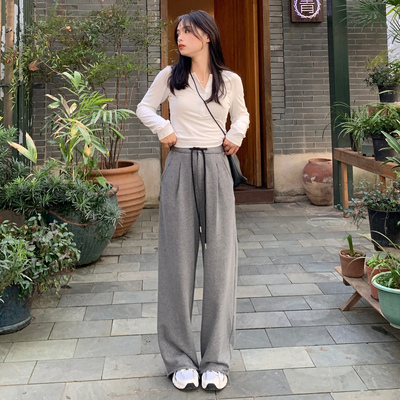 PERRY自制小个子抽绳松紧宽松毛边松弛阔腿裤小码150xxs