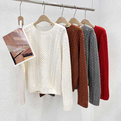 高密麻花圆领加厚全羊毛衫