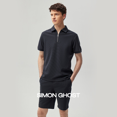 SIMON GHOST男士短袖套装POLO衫上衣休闲藏青色宽松短裤